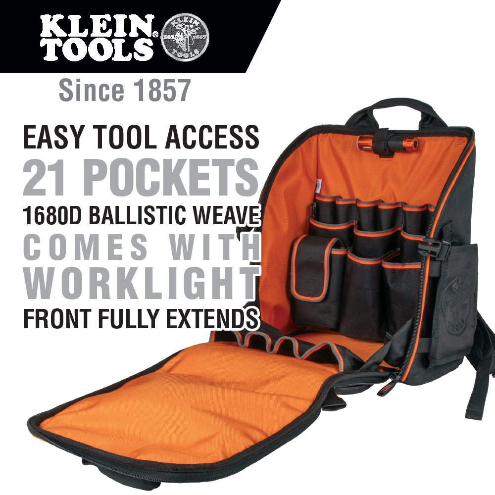 Klein Tradesman Pro Tool Station Tool Bag Backpack with Work Light