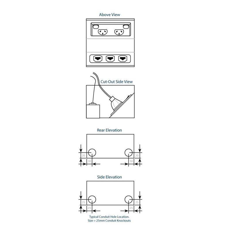 Cable Duct Systems Floor Box 1 x Double GPO Outlet + 3 Data Provisions